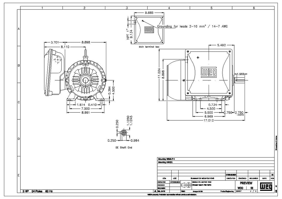 WEG 00318ES1E184T-W22 3 HP 4P 182/4T 1Ph 208-230/460 V 60 Hz IC411 - T ...